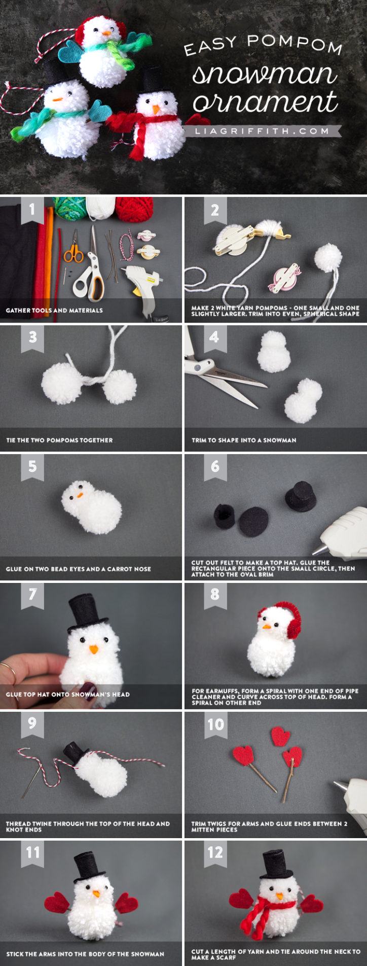 Pom Pom Snowman Ornaments - Lia Griffith
