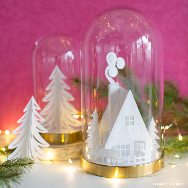 3D Paper Cabin Winter Scene in Glass Dome - Lia Griffith