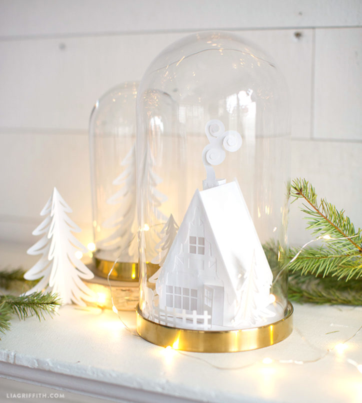3D Paper Cabin Winter Scene in Glass Dome - Lia Griffith