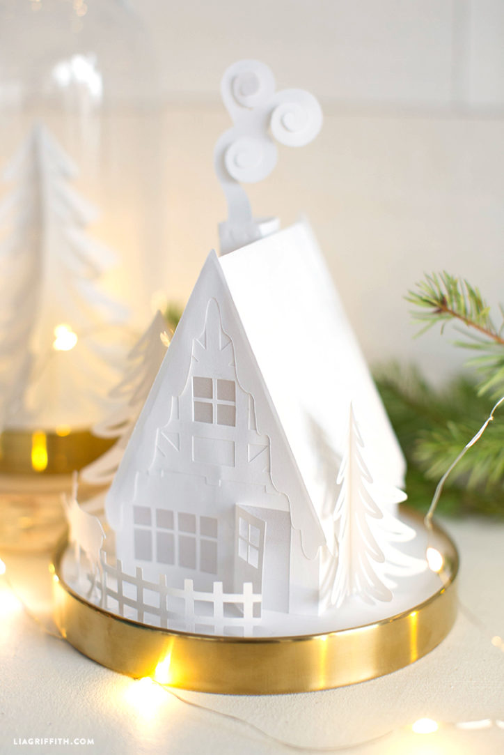 3D Paper Cabin Winter Scene in Glass Dome - Lia Griffith