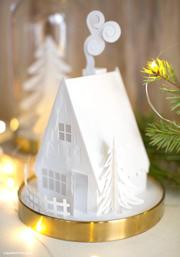 3D Paper Cabin Winter Scene in Glass Dome - Lia Griffith