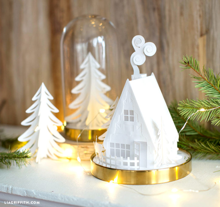 3D Paper Cabin Winter Scene in Glass Dome - Lia Griffith