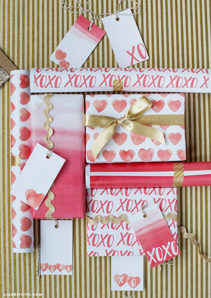 Download and print pretty watercolor Valentine's Day gift wrap and tags