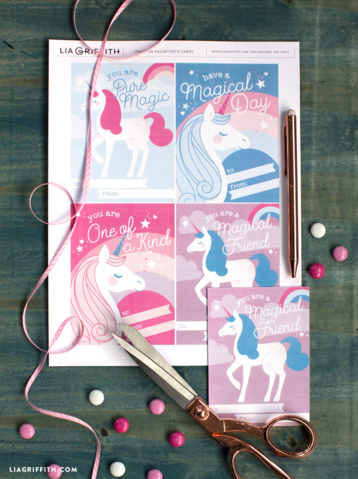 Download a print a set of enchanting unicorn Valentines