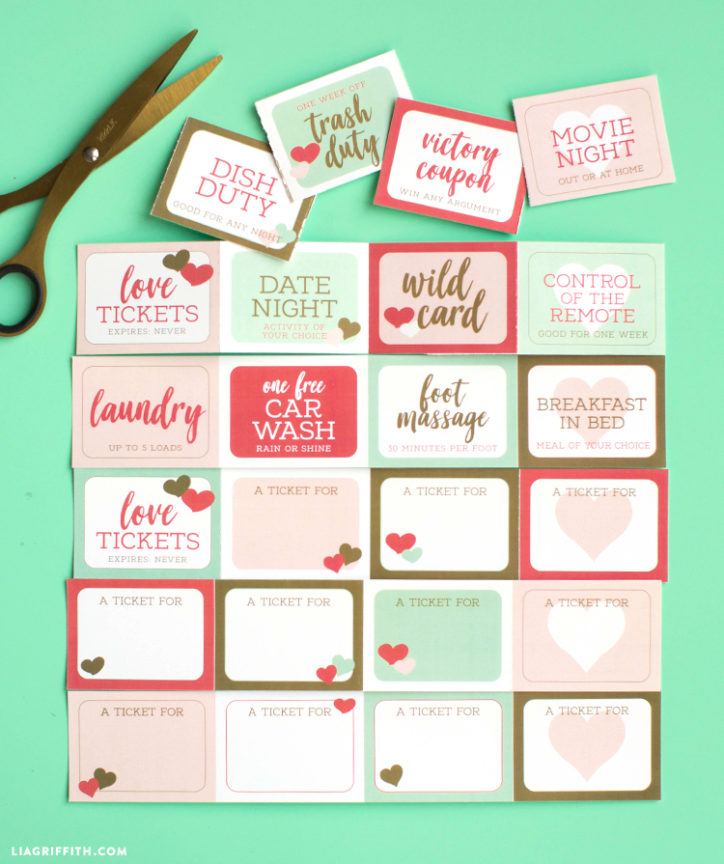 Download a set of cute printable love coupons for Valentine's Day