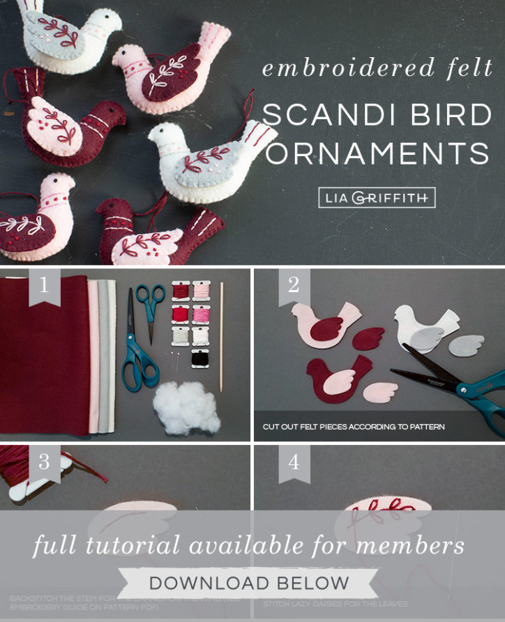 Embroidered Felt Bird Ornaments for Your Holiday Tree - Lia Griffith