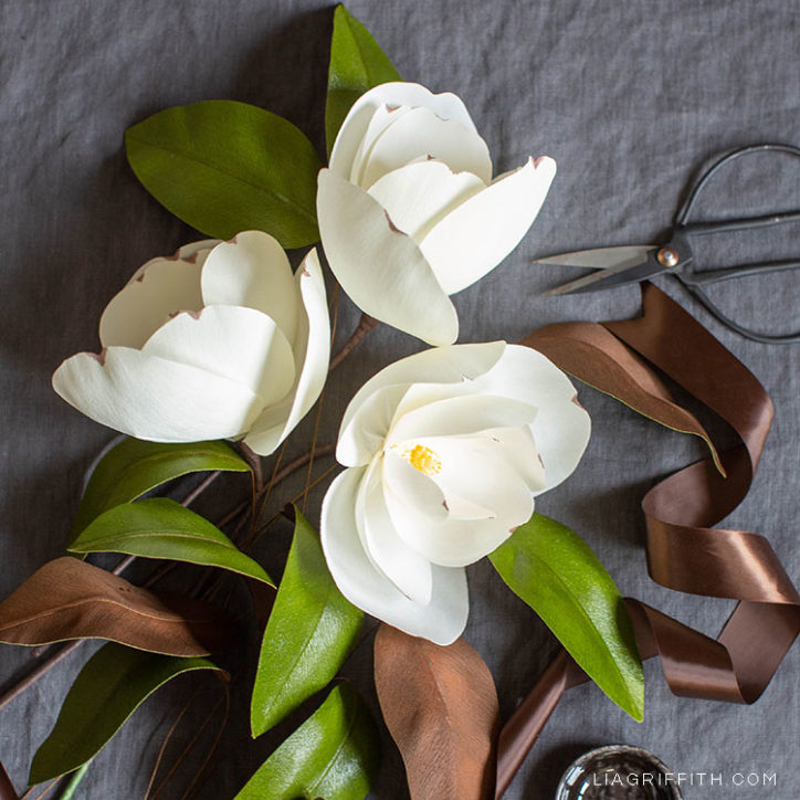 White Crepe Paper Magnolias with Green & Brown Leaves - Lia Griffith