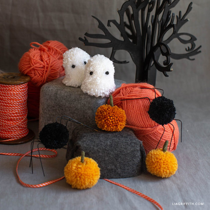 Pom-Pom Halloween Decor (Pumpkin, Spider, & Ghost) - Lia Griffith