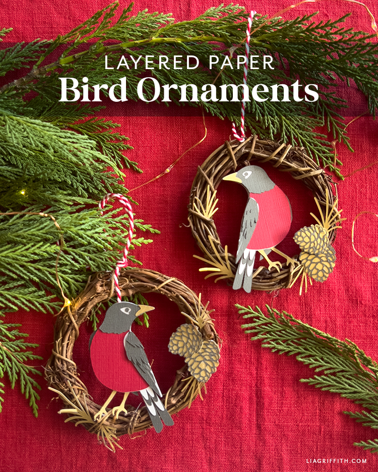 Layered Paper Robin Mini-Wreath Ornaments - Lia Griffith