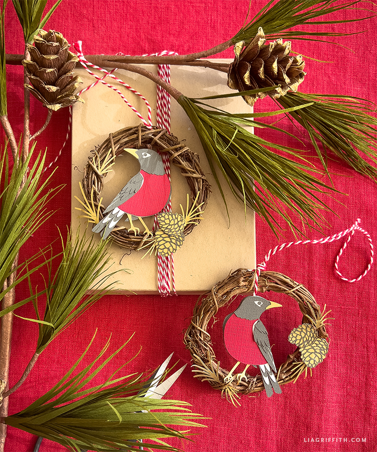 Layered Paper Robin Mini-Wreath Ornaments - Lia Griffith